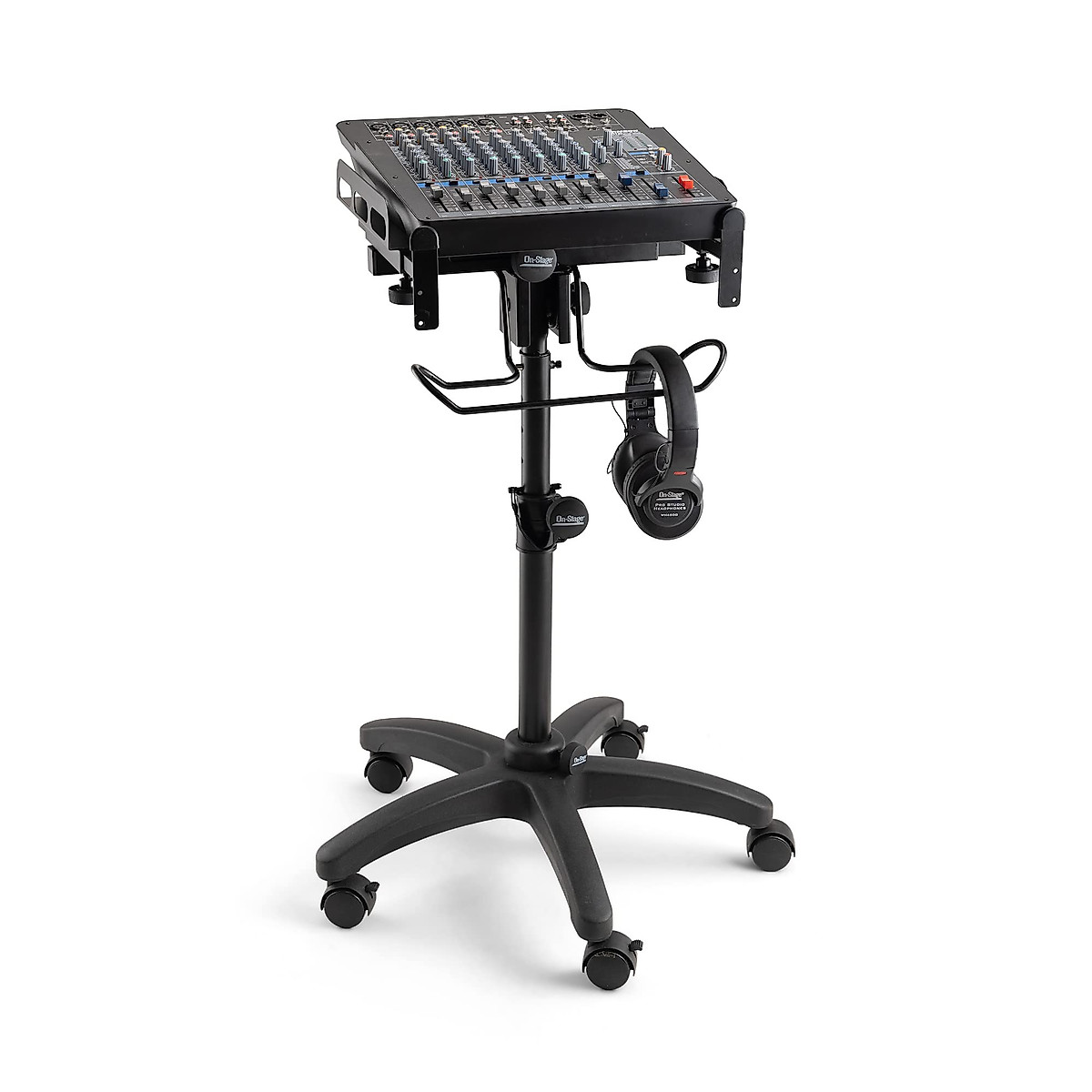 On-Stage MIX-400 V2 Mobile Mixer Stand: Rolling platform for mixers, laptops, controllers. Height adjustable (28"-38"), rackmount compatible, headphone hanger. Portable, black finish.