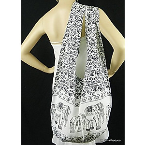 BTP! Elephant Floral Print Sling Crossbody Shoulder Bag Purse Hippie Hobo Thai Cotton Gypsy Bohemian Large (White YI-8)