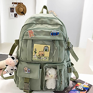 Kawaii Backpack Cute School Backpack Aesthetic Bookbags with Kawaii Pin Accessories for Teen Girls Green
