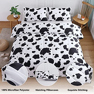 PERFEMET Cow Print Bedding Comforter Set Queen Size Black and White Reversible Geometric Checkered Bedding Set for Kids Teens Boys Girls Rustic Animal Cowhide Pattern Bed Quilt Set