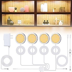4-Pack LED Puck Lights Wired, Dimmable Display Case Lighting, Under Cabinet Puck Lights with Memory Function, Warm White Plug-in Round Shelf Lighting, Cabinet Lights for Shelves, Kitchen, 3000K