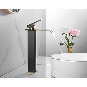 Bathroom Vessel Faucet Black Gold Waterfall One Hole Bowl Sink Faucet Bathroom Faucets Tall Single Handle Bath Vanity Lavatory Deck Mount Supply Lines Hose Commercial