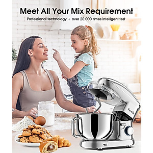 Facelle Stand Mixer, Electric Kitchen Mixer, 6 Speed Tilt-Head Stand Mixer with Pulse, Attachments include 6.5QT Bowl, Dishwasher Safe Beater, Dough Hook, Whisk for Dough, Baking,Cakes, Cookie -Silver