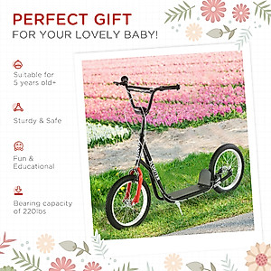 Aosom Youth Scooter Kick Scooter for Kids 5+ with Adjustable Handlebar 16" Front and Rear Dual Brakes Inflatable Wheels, Black