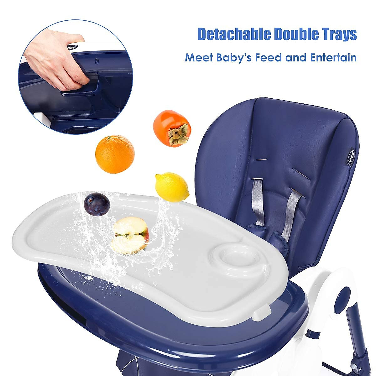 INFANS High Chair with One-Hand Removable Tray, 4 Lockable Wheels & Large Storage Basket - Multi-Adjustable Height, Recline & Footrest, Removable Cushion, Foldable for Baby, Infant& Toddler (Navy)
