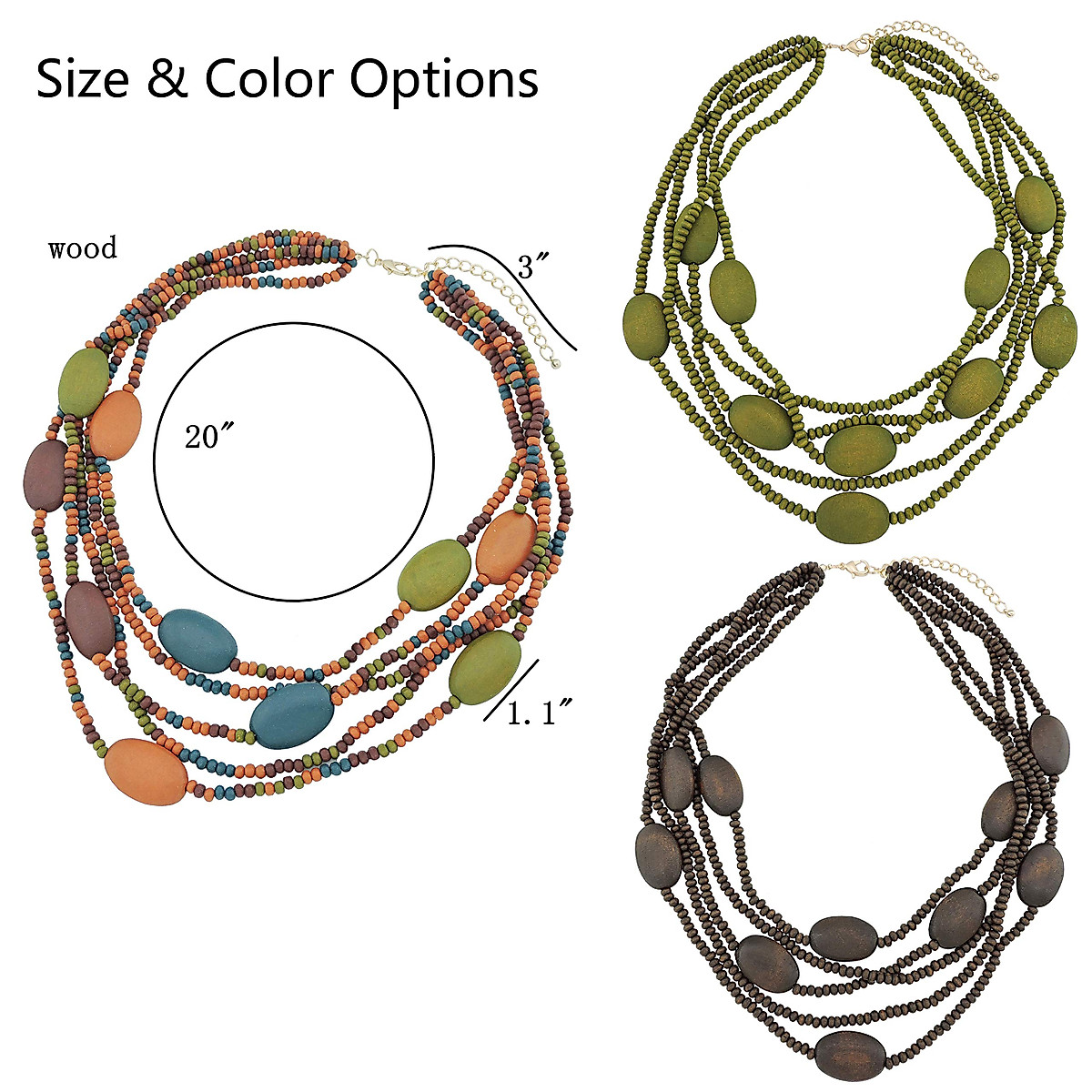 Coiris Bead Necklace for Women 5 Layers Strand Wooden Choker Necklaces for Women Chunky Statement Ethnic Bead Layered Bib Collar Necklace Hip Hop Jewelry (N0019)