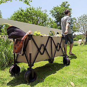 Devoko Collapsible Folding Wagon, 200L Outdoor Heavy Duty Beach Garden Wagon Cart with Big Wheels for Sand, Grocery Cart on Wheels, Beige