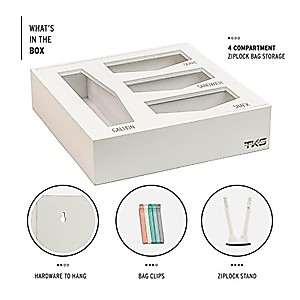 Zip Lock Bag Organizer with Snack Bag Clips for Food Packages & Ziplock Bag Holder for Filling - Our Ziplock Bag Storage Organizer Has a Convenient Sliding Lid & Laser Engraved Labels - White