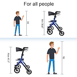 WALK MATE Rollator Walker for Seniors Taller 5.3~7ft with Height-Adjustable Seat, 10 Inch Wheels Wire-Hidden Walkers Compact Folding Design Lightweight Mobility Walking Aid Widen Backrest, Blue