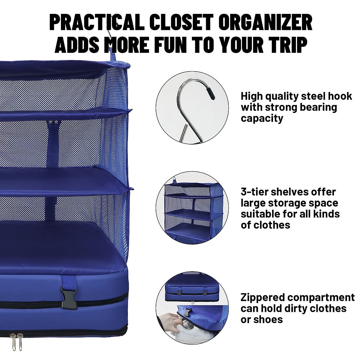 Caroeas Portable Hanging Travel Shelves Bag Suitcase Organizer Carry-on Closet Packing Cubes for Travel, 4-Shelf Suitcase Closet with 2 Hooks, X-Large Capacity, Blue