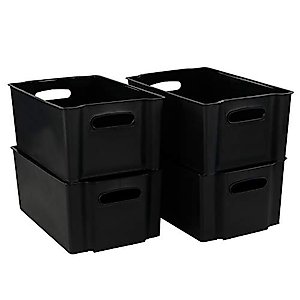 Zerdyne Plastic Stackable Storage Bins with Handles, Set of 4, Black