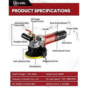 SILVEL 860W Wet Polisher, 4 inch Wet Stone Polisher with 6 Variable Speeds, 110V Granite Polisher with 7 Diamond Polishing Pads for Granite, Marble, Concrete, Stones