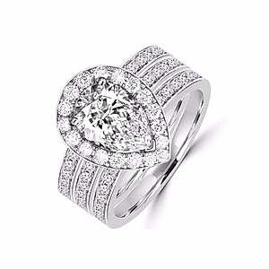 Diamonbella Realistic Simulated Diamond Pear Shaped Halo Ring Double Band Set 2 Carat Solid 925 Silver Platinum Plated PEARDBSET7 (4.5)