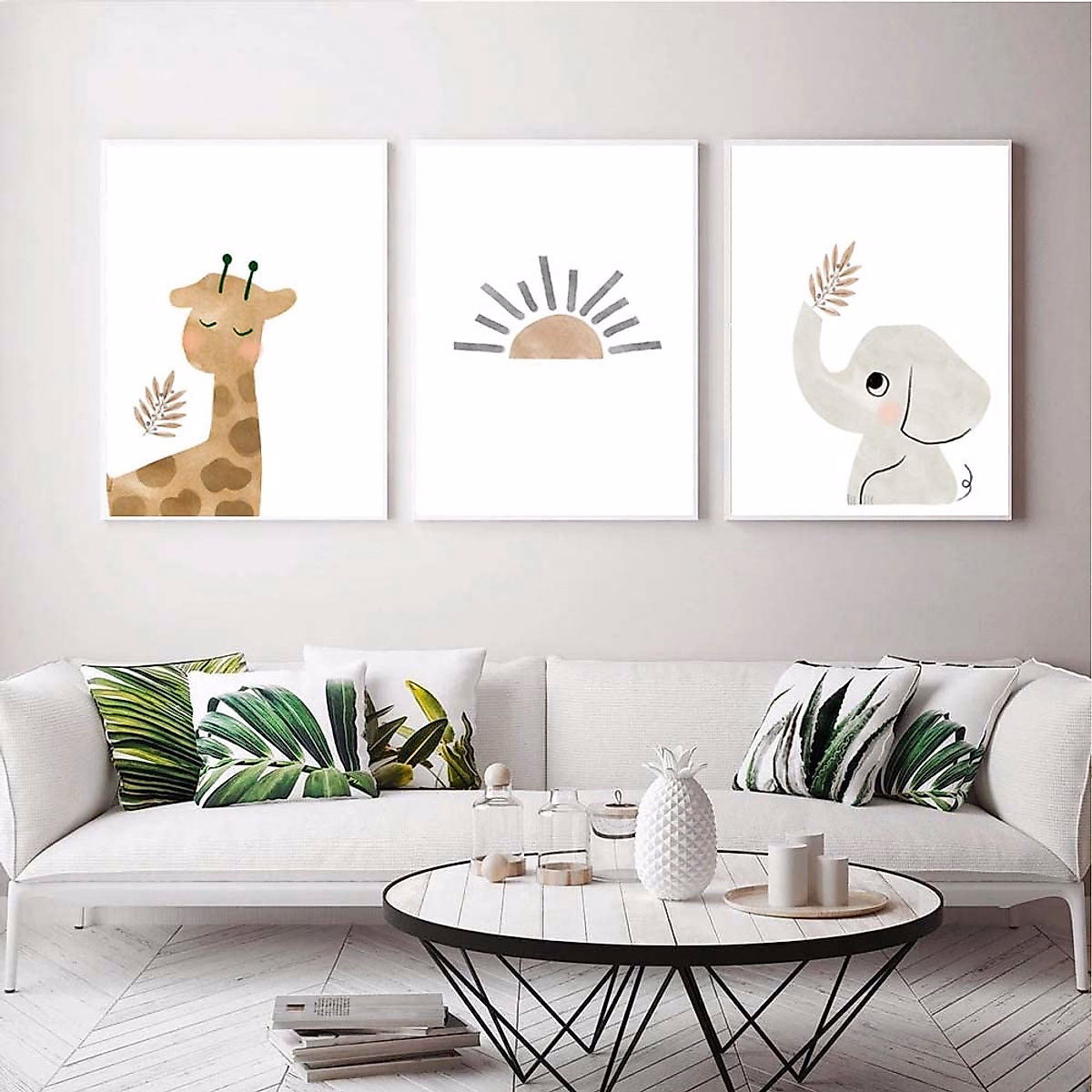 Boho Cartoon Animal Kids Room Decor, Cute Giraffe Elephant Sun Canvas Nursery Wall Art for Baby Girls & Boys Playroom Bathroom Bedroom