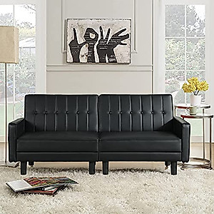 SAMERY Futon Sofa Bed Couch and Sleeper Sofas for Living Room, Faux Leather Convertible Folding Sofa Bed Couch and Loveseat for Small Space with Side Pockets Armrest and Sturdy Legs