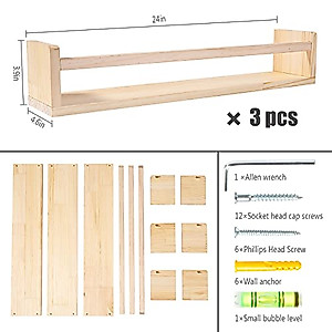 MBYD 24 Inch Floating Bookshelves, Handmade Natural Wood Wall Shelf, Wall Book Shelf for Kitchen Spice Rack or Bathroom Shelves, Set of 3 Same Dimensions
