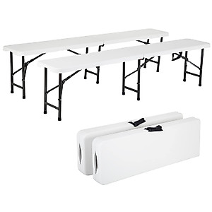 FDW 6FT Bench Chair Plastic Folding Bench Plastic Portable Outdoor Bench Garden Bench with Carrying Handle and Lock for Camping Picnic Party Dining 2 Pack White