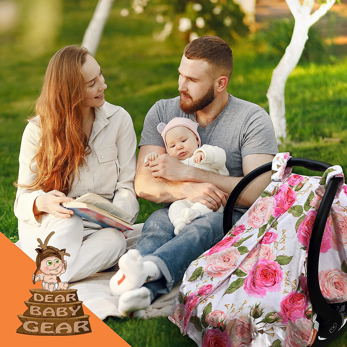 Dear Baby Gear Floral Baby Car Seat Canopy with Snap Button Opening - Newborn & Toddler Carseat Cover - Nursing Covers - Infant Chair Essentials (Pink Rose/Pink Dot, 40" x 30")