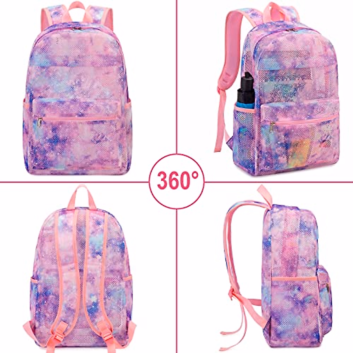 CAMTOP Mesh Backpack for Kids Girls Semi-Transparent See Through Sturdy School Bookbag Casual Daypack for Beach Swim Work Gym (Tie Dye Pink)