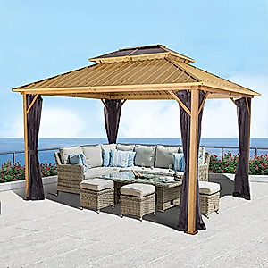 GARTOO 10' x 12' Patio Galvanized Steel Hardtop Gazebo - Outdoor Aluminum Frame Porch Gazebo with Vented Double Roof & Breathable Netting for Garden, Lawn, Outdoor Party, Backyard Deck