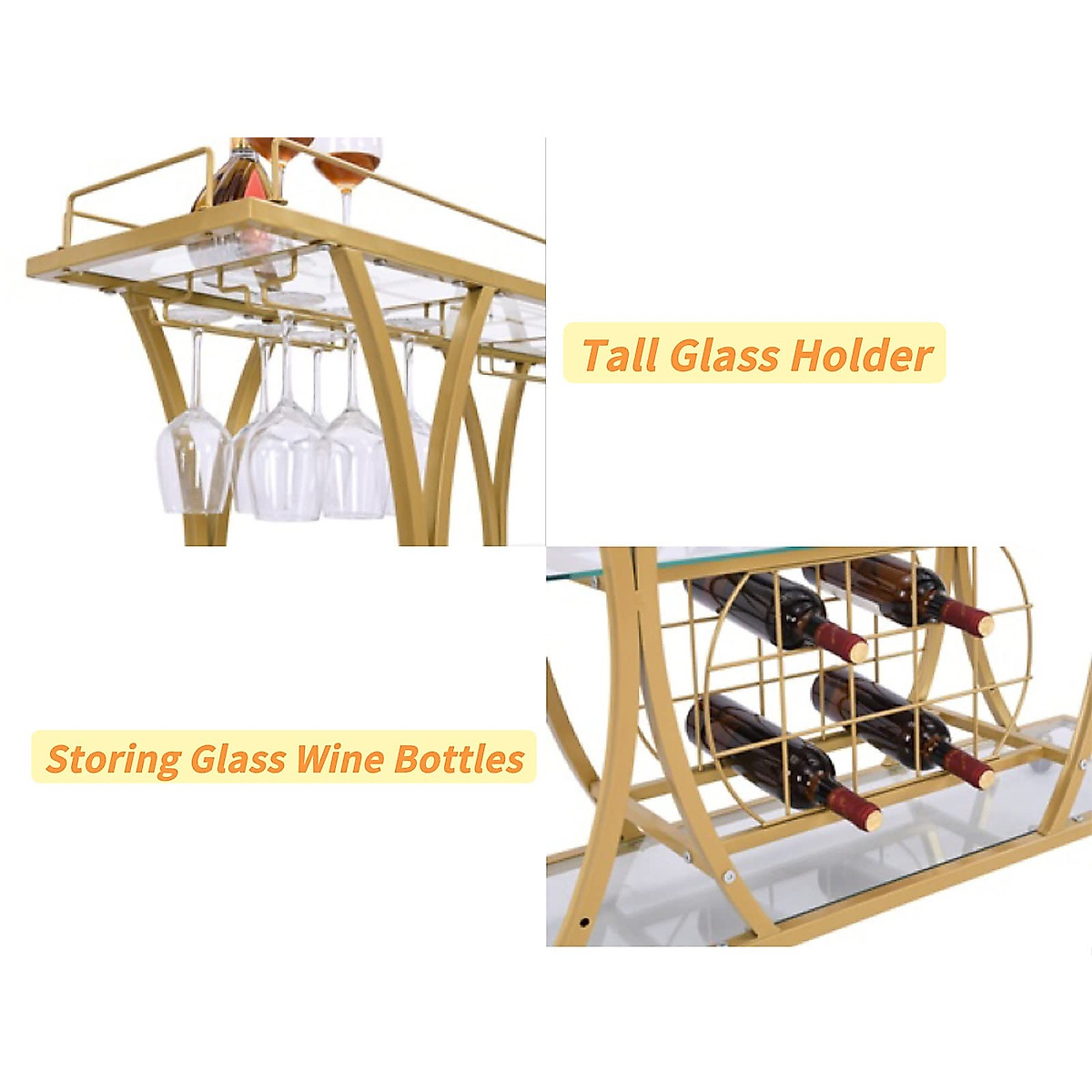 FABOMEI Gold Bar Carts with Glass Holders & Wine Rack,3 Tier Home Bar Serving Carts with Glass Shelves,Metal Rolling Bar Carts for The Home Kitchen, Party