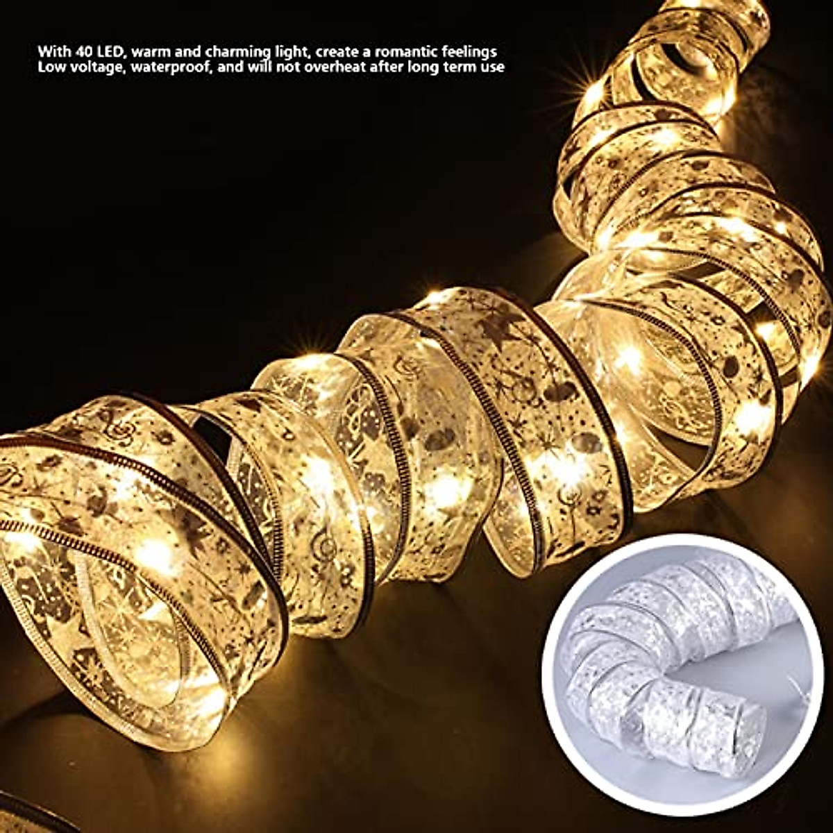 Christmas Ribbon String Lights 13.12FT 50 LED Christmas Tree Decorations Fairy Lights Battery Powered LED Strip Lights Indoor Outdoor Xmas Home Weddings New Year Party Décor (Warm White )