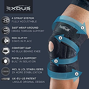 EXOUS BODYGEAR Knee Brace Meniscus Tear Support Fits Women, Men For Arthritis Acl, Mcl Pain Patented 4-way Adjustable NonSlip Wraparound Strap Dual Side Stabilizer For Patella Stability Size [medium]