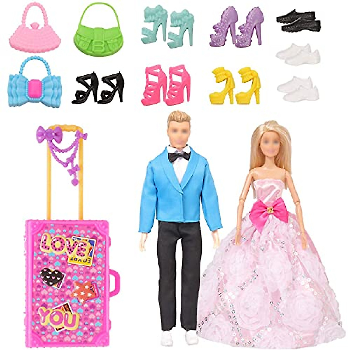 SOTOGO 33 Pieces Doll Clothes and Accessories for 11.5 Inch Girl Boy Doll Wedding Playset Include 12 Sets Doll Groom Suit/Wedding Dress/Casual Wearing Clothes, 8 Pairs Shoes and Doll Accessories