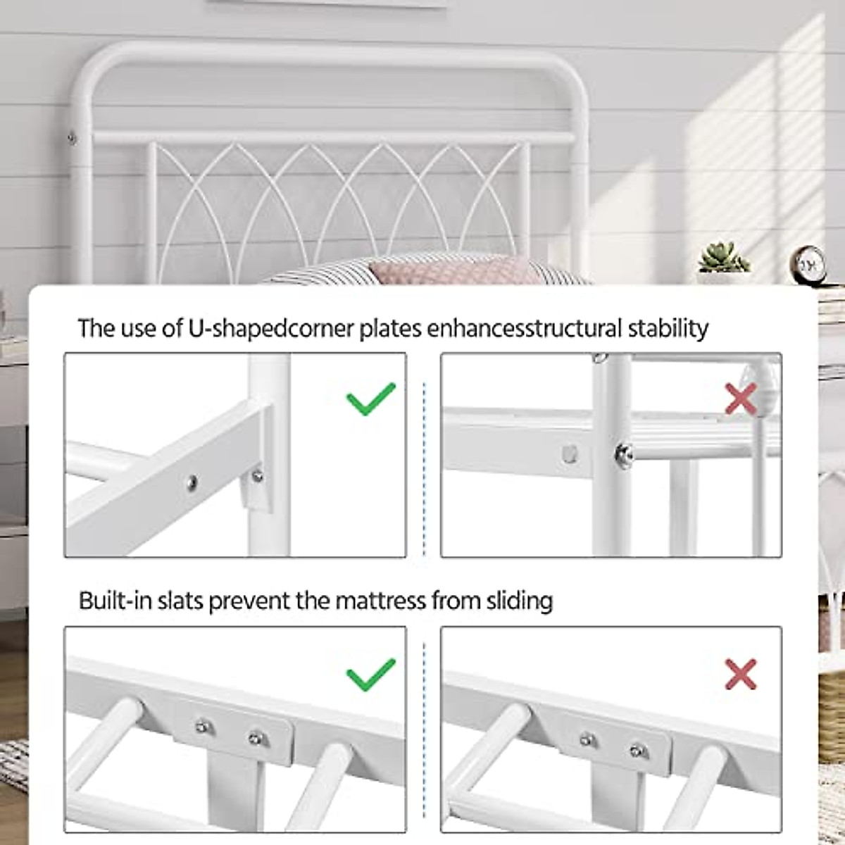 Yaheetech Twin Bed Frame Metal Platform Bed with Petal Accented Headboard/Footboard/14.4 Inch Under Bed Storage/No Box Spring Needed, White