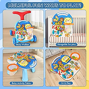 Eners Sit to Stand Baby Learning Walker with Wheels, Baby Activity Walker, 2 in 1 Baby Push Walkers and Activity Center, Musical Walking Toys, Walker for Baby Boy Girl (Blue)