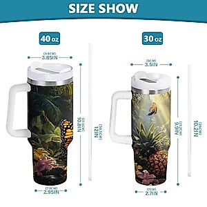Slewiaeky Tumbler with Handle 40 oz Tropical Butterfly Insect Travel Mug with Lid and Straw Pineapple Stainless Steel Vacuum Insulated Water Bottle Cup for Iced Tea Coffee Cold Beverages Cup Holder F