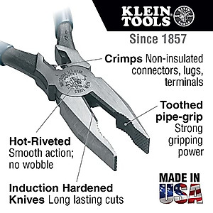 Klein Tools 12098 High Leverage Universal Lineman Combination Pliers with Crimping Die, Toothed Pipe Grip, Induction Hardened Knives, 8-Inch