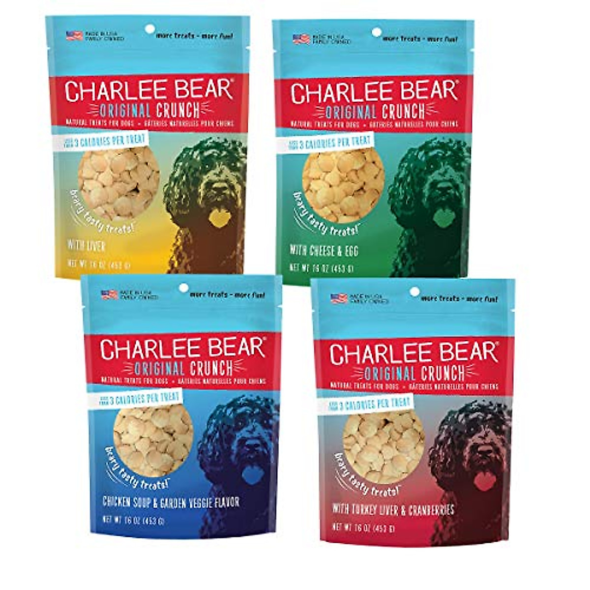 Charlee Bear Dog Treats Variety Pack includes Liver, Egg and Cheese, Chicken and Garden Vegetable, Turkey Liver and Cranberries (4 Pack)