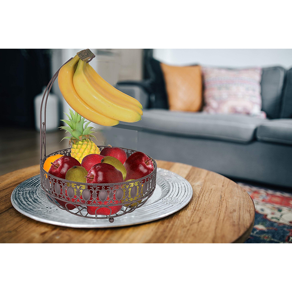 ROSYLINE Fruit basket Bowl, with Banana Hanger Suitable for kitchen, dining table decoration and storage (brown)