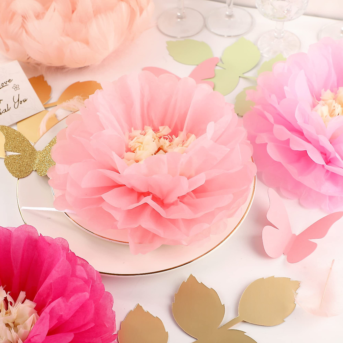 Fonder Mols Tissue Paper Flowers Tissue Pom Poms Blooms Pink for Girl Baby Shower, Nursery Decor, Birthday Decorations (Set of 21, Rose Pink)