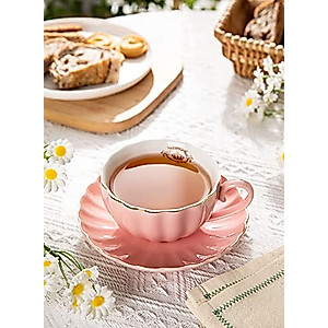 Amazingware Royal Tea Cups and Saucers, with Gold Trim and Gift Box, British Coffee Cups, Porcelain Tea Set, Set of 6 (8 oz)- Pink