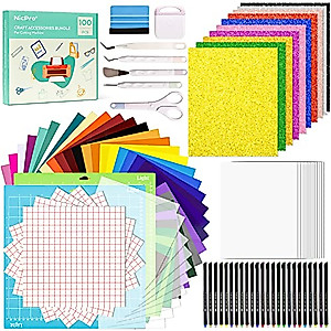 Nicpro 100 PCS Accessories Bundle for Cricut Machine Maker Cricut Tool kit with (12x12") 10 Heat Transfer Vinyl, 32 Adhesive Vinyl Sheets, Weeding Tools, 2 Cutting Mats, 24 Colored Pen for Beginner