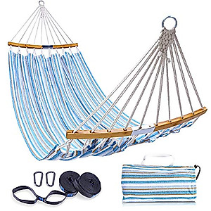 Double Hammock with Tree Straps Kit, Ohuhu Folding Curved-Bar Bamboo Hammock with Carrying Bag, Portable 2-Person Hammocks Swing for Patio Backyard Porch Camping Travel Indoor Outdoor Use
