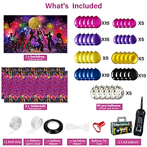 95 Pcs 70s Party Decorations Disco Party Balloons Decoration 70's Party Bundle Includes Inflatable Radio Boombox and Mobile Phone, Disco Plastic Party Backdrop, Tablecloth, Balloons for Hip Hop Party