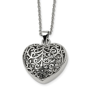 Stainless Steel Filigree Puffed Heart Pendant Necklace Charm Chain - with Secure Lobster Lock Clasp 22"