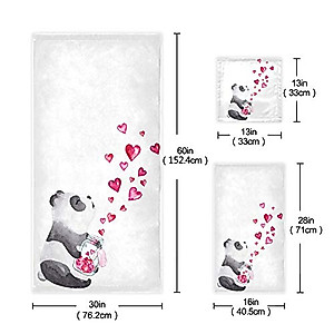 Vdsrup Cute Panda Bathroom Towels Set of 3 Love Hearts Bath Hand Towel Soft Valentines Day Washcloth Beach Face Guest Towel Kitchen Tea Dish Towels Housewarming Gifts