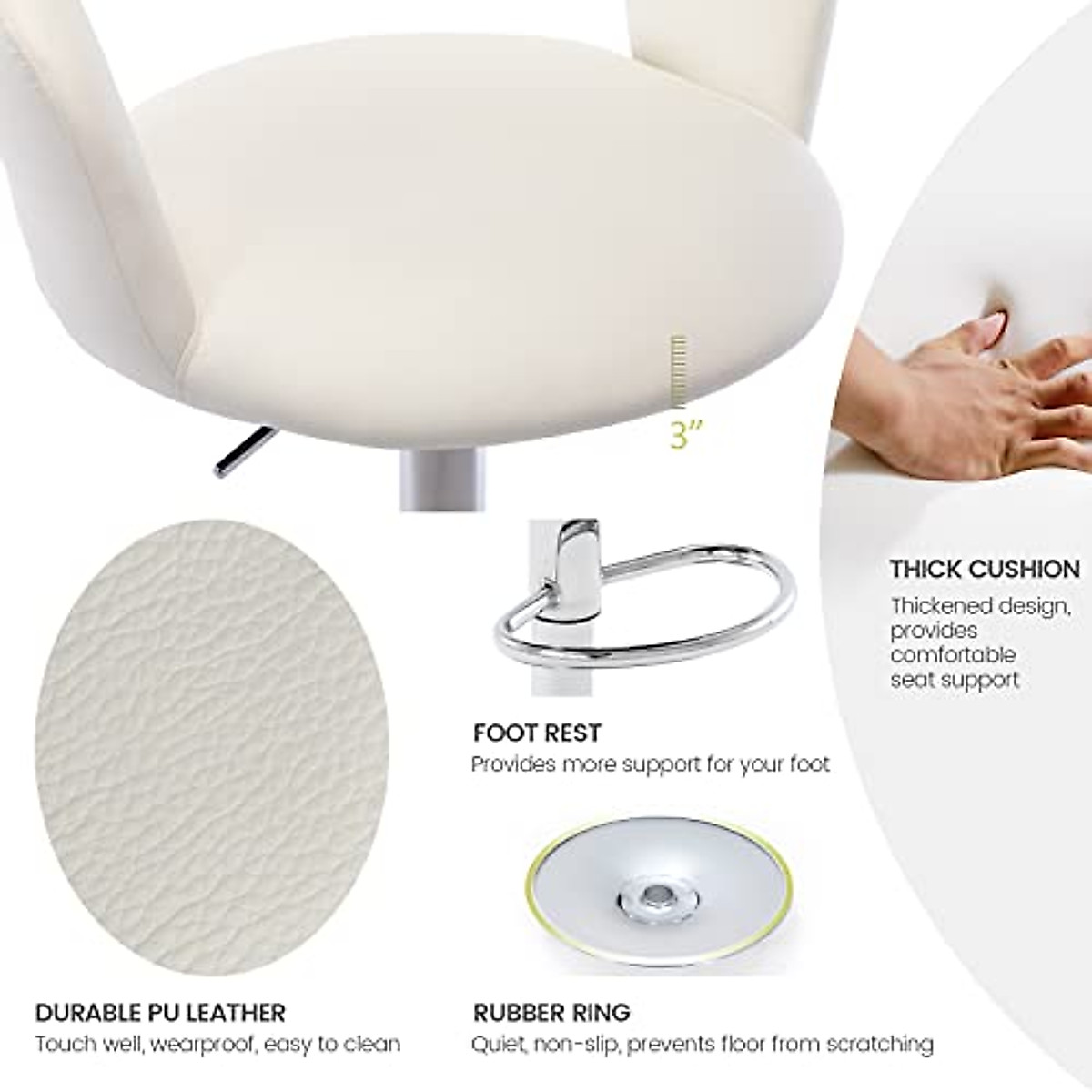 Brage Living Wide Bar Stool, Modern PU Leather Swivel Adjustable Barstool with Hollow Back and Arms, Upholstered Airlift Counter Height Bar Chair for Kitchen Dining (Ivory)