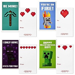 Hallmark Valentines Day Cards for Kids and Mailbox for Classroom Exchange, Minecraft (1 Box, 32 Valentine Cards, 35 Stickers, 1 Teacher Card)