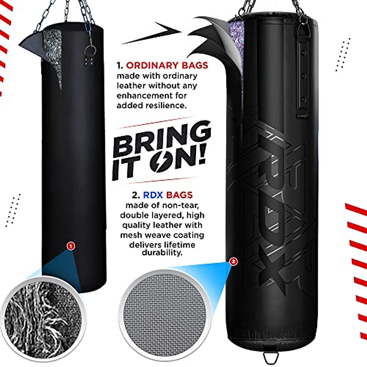 RDX Heavy 5FT Punching Bag for Pro Training, 55lbs Pre Filled with 110lbs Max Filling Capacity, 3PC Boxing Bag Set with Gloves Hanging Steel Chain, Kickboxing MMA Muay Thai BJJ Karate Home Gym Fitness