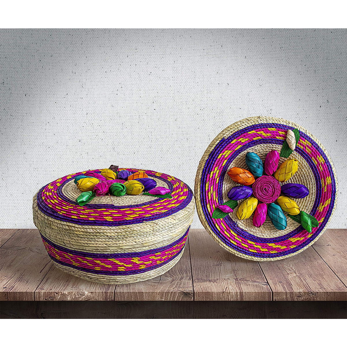 2-Pack Genuine Mexican Handwoven Tortilla Basket, Fiesta Mexican Tortilla Warmer, Tortilla Holder, Tortillero, Palm Straw Baskets Handmade in Mexico, Mexican Bowls (1, Floresita)
