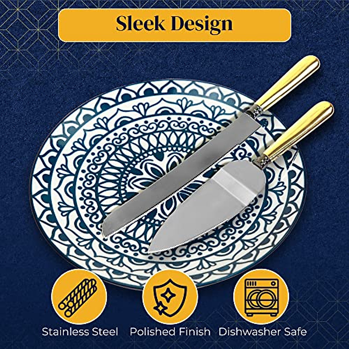 Zzteck Stainless Steel Wedding Cake Knife and Server Set with Golden Handles- Cake Cutter Set With 12" Server & 9.8" Knife - Durable & Dishwasher Safe - Cake Cutting Set for Wedding, Party & Events
