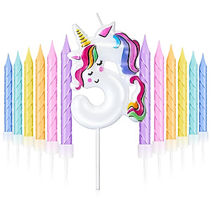 Threlaco Unicorn Birthday Number Candle Macaron Unicorn Cake Topper Decoration with 12 Pcs Rainbow Spiral Birthday Candles with Holders for Baby Girl Boy Birthday Unicorn Theme Party(Number 5)
