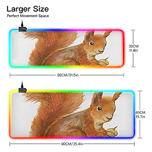 Large RGB Gaming Mouse Pad Squirrel Acorn On White Glowing Extended Mousepad 31.5x11.8in, Soft Anti-Slip Rubber Base Luminous Mouse Mat for Pc Laptop, Gaming, Office, Home
