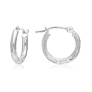 14k Gold Hand Engraved Diamond-Cut Round Hoop Earrings, (13mm-0.5 inch Diameter)- White Gold…