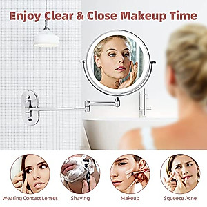 Wall Mounted Lighted Makeup Mirror, 1X 10X Magnifying Mirror with Light 3 Color Dimmable, 8'' Double Sided LED Light up Bathroom Vanity Mirror with Magnification, 360° Extendable Arm Shaving Mirror
